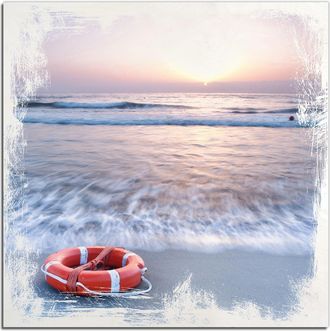 Wallario Wandbild aus Holz Rettungsring am Strand bei Sonnenuntergang - 40 x 40 cm in Premium-Qualität: Brillante Farben