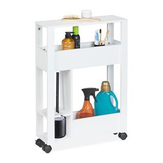 Relaxdays Nischenwagen, 2 Fächer, WC-Bürstenhalter, HxBxT: 71,5 x 17 x 50 cm, Badezimmer, MDF, schmaler Rollwagen, weiß