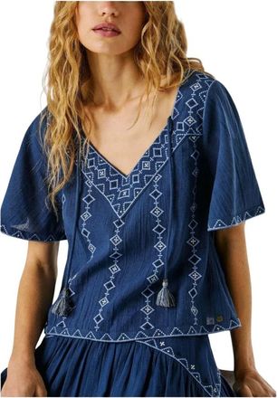 Pepe Jeans London Femme, Blouses et Chemises, Bleu, Taille: 42 FR Geometric Embroidered Blouse