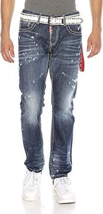 Cipo & Baxx Jean pour homme, coupe droite, us&eacute;, coutures contrast&eacute;es, denim, bleu, 34