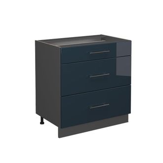 Vicco K&uuml;chenunterschrank Fame-Line, Dunkelblau Hochglanz/Anthrazit, 80 cm mit 3 Schubladen, ohne Arbeitsplatte