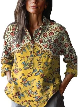 Generico Chemise Femme d&Eacute;t&eacute; &Eacute;l&eacute;gant Manches Longues Chemisier Coton Et Lin Curvy Grande Taille T Shirt Col en V Classique Blouse Vintage Fantaisie avec Boutons