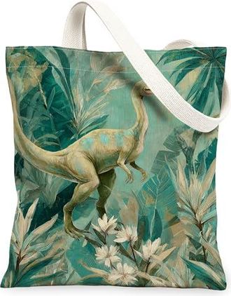 Generic Sacs fourre-tout en toile motif floral dinosaure, sacs d&eacute;picerie r&eacute;utilisables, vintage l&eacute;gers et lavables avec bandouli&egrave;re, vert, 13x15 Inch