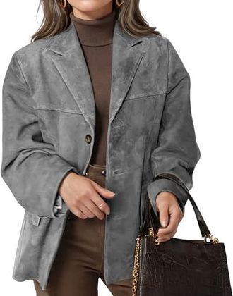 Generic Veste blazer en daim synth&eacute;tique pour femme avec revers crant&eacute; simple boutonnage en cuir, gris, S
