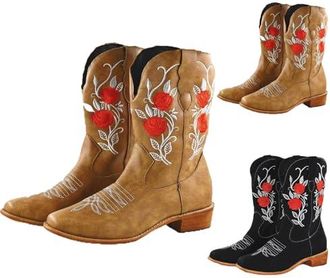 Generic Bottes de cowboy pour femme - Coupe large - &Agrave; enfiler - Tendance et confortable - Talon &eacute;pais - Broderie florale - Style occidental - Style r&eacute;tro clas