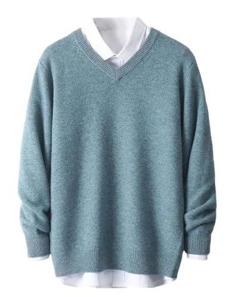 Generic Pull ample en laine mélangée à col en V pour homme, En8 grisâtre, L