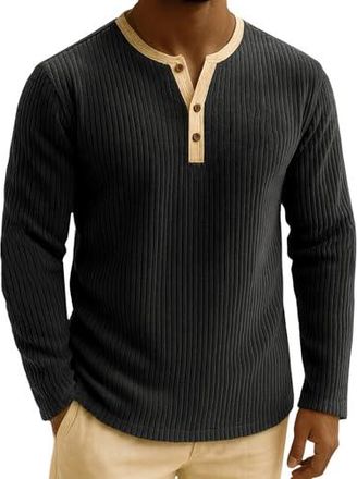 Generic Sweatshirts pour hommes &agrave; manches longues Chemises longues pour hommes Pulls &agrave; col en V &agrave; boutons pour hommes avec rayures textur&eacute;es Sweatshirts l&eacute;ger