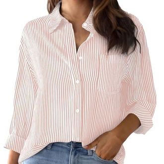 Generic Chemise ray&eacute;e en coton pour femme, petit chemisier surdimensionn&eacute; &agrave; manches longues pour femme, haut de travail, rose, XXL