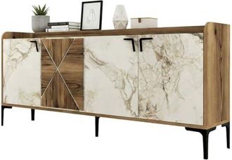 Dmora Konsolentisch Deneb, Wohnzimmer-Sideboard, niedriger TV-Schrank, ausgestatteter Wandsockel, 180 x 35 h78 cm, Walnuss und wei&szlig;er Marmor