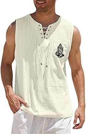 Generic Chemise en coton et lin pour homme - Hauts dentra&icirc;nement d&eacute;t&eacute; pour homme - Haut de printemps et d&eacute;t&eacute; d&eacute;contract&eacute; - Haut sans manches en coton - D&eacute;bard