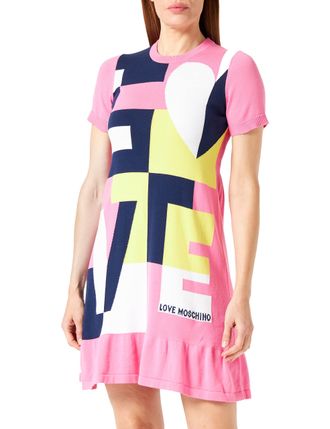 Love Moschino Regular fit Short-Sleeved Dress in 100% Cotton, 12 Gauge, with Multicolor Love Pure Intarsia and Skirt with Ruffled Flounce on The final Part