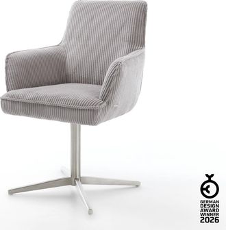 DELIFE Drehstuhl Heira-Flex mit Armlehnen Cord Silbergrau Fu&szlig;kreuz Edelstahl 360&deg; drehbar Taschenfederkern, Esszimmerst&uuml;hle