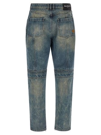 Balmain Knee-Ribbed Biker Denim Jeans - Blue