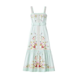 Self Portrait Leinenkleid mit Blumenmuster und G&uuml;rtel - - Dresses - Damen - Gr&uuml;n - S
