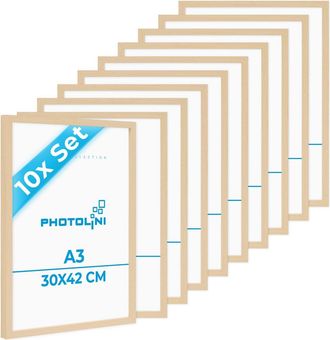 Photolini Bilderrahmen A3 Holz MDF Natur, 10er Set A3 Bilderrahmen 30x42 Holz MDF, DIN A 3 Rahmen mit Acrylglas, Picture Frame 42x30 zum Aufhängen, Rahmen 42 x 
