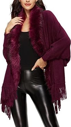 Generic 2026 Printemps Femmes Fine Knit Front Faux Trim Layer Cape Cardigan Cardigan, Rouge, S