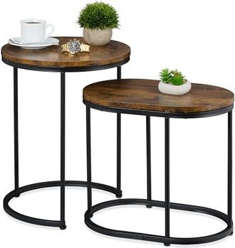 Relaxdays Table dappoint en Lot de 2 (Une Ovale et Une Ronde), Design Industriel, pour Le Salon, Marron et Noir