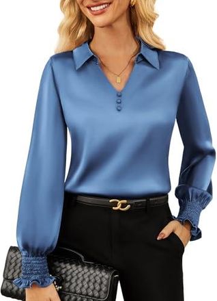 Grace Karin Femme Chemisier en Satin Manches Longues Haut de Soirée Blouse de Travail Top Festif et Habillé Bleu Brumeux L
