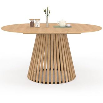 IDMarket Ausziehbarer runder Esstisch CARMEN 4-8 Personen Holzfu&szlig; aus Latten und Holzplatte 110 - 150 cm