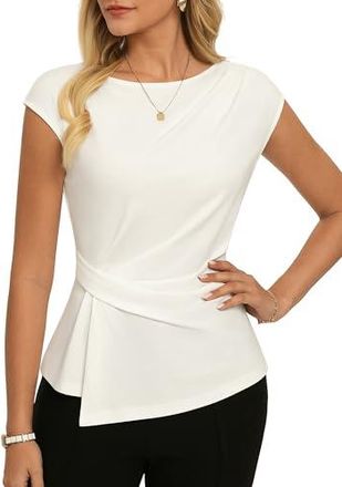 Grace Karin Femme T-Shirt D&Eacute;t&eacute; Chemisier &Eacute;l&eacute;gant &Agrave; Manches Papillon, Chemise Cintr&eacute;e, Chemisier Cache-Coeur Hauts Blanc S