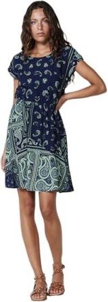 Kor&ouml;shi Robe courte en satin, manches courtes, encolure ronde, taille avec &eacute;lastique et fermeture &agrave; boutons sur l&eacute;paule, imprim&eacute; type foulard de couleur marin