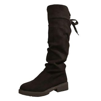 Generic Bottes hautes pour femme confortables &agrave; bout rond et talon &eacute;pais &agrave; lacets, bottes longues pliss&eacute;es pour lautomne et lhiver, Noir, 40.5 EU