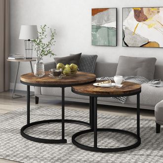 Generic Runder Couchtisch 2er Set, Stapelbare Beistelltische mit Holzmaserung und Metallrahmen, Platzsparendes Design, Einfach zu montieren, Modernes und funk