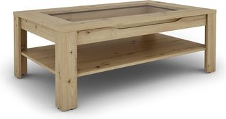 Byliving Couchtisch Ralph/Eiche-Optik hell-braun/Sofatisch mit Glaseinlage und großzügiger Schublade in braun/Beistelltisch mit viel Stauraum/B 110, H 43, T 67