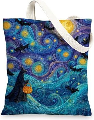 Generic Sacs fourre-tout en toile dHalloween, motif sorcière et chauve-souris, sacs dépicerie réutilisables, style vintage étoilé, léger et lavable, toile B, 