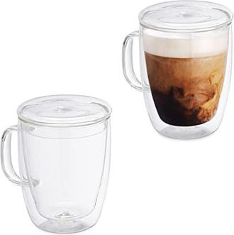 Relaxdays Doppelwandige Kaffeegl&auml;ser, 2er Set, 500 ml, Teegl&auml;ser mit Henkel & Deckel, Borosilikatglas, transparent