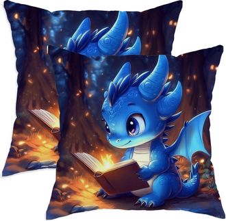 Generic Niedliche blaue Drachen-Kissenbez&uuml;ge, 2er-Set, Fantasy-Drachen, Lese-Dekor, &Uuml;berwurf-Kissenbez&uuml;ge, gem&uuml;tlich, f&uuml;r Kinderzimmer, Sofa, Couch, 71,1 x 71