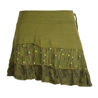 vishes Alternative Bekleidung - Asymmetrischer Damen Baumwollrock mit R&uuml;schen Taschen und Bl&uuml;mchen Olive 42-44