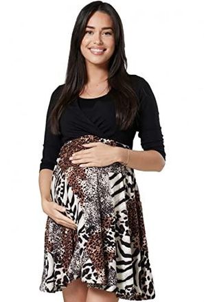 Happy Mama Femme. Robe Patineuse maternit&eacute; dallaitement. Manches 3/4. 603p (Noir et Imprim&eacute; Animal, 38, M)