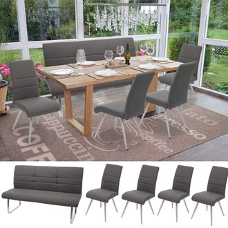 Mendler Set 4X Esszimmerstuhl+Sitzbank HWC-G55, Bank Küchenstuhl Stuhl, Stoff/Textil Edelstahl - grau-braun Bank 180cm