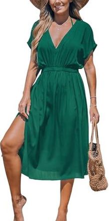 Cupshe Cache-maillot de bain mi-long &agrave; rayures avec col en V et manches courtes pour femme XS-XXL, Vert uni, Taille L