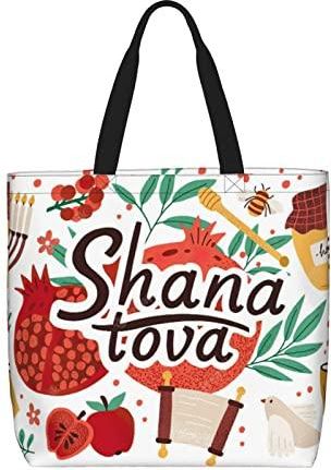 Generic Sac Fourre-Tout Rosh Hashanah Shana Tova Sac &Agrave; Provisions En Toile R&eacute;utilisable Personnaliser Sacs En Toile, Pour Shopping, Femmes, Burea, Filles