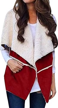 Generic Vestes pour femmes 2026 - Veste d&eacute;contract&eacute;e de couleur unie &agrave; revers ouvert sur le devant - Veste dhiver en polaire chaude pour lhiver, Rouge, L