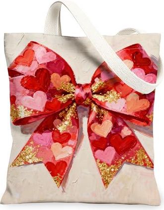 Generic Sacs fourre-tout en toile motif coeur pour la Saint-Valentin, sacs &agrave; provisions r&eacute;utilisables, &eacute;l&eacute;gants, l&eacute;gers et lavables, Rouge, 13x15 Inch