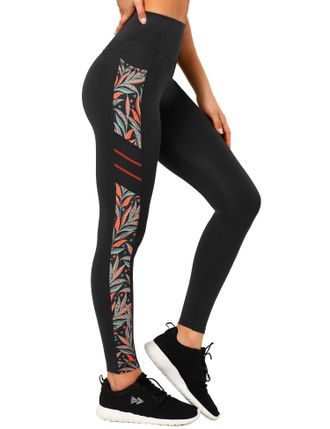 Yvette Sports Printed Damen Sport Leggings mit Taschen, high Waist Blickdicht Gym Sporthose, Orange Printed, XXL