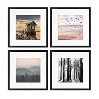 Photolini Cadre 30 x 30 bois MDF noir, lot de 4 cadres photo avec passe-partout pour posters et affiches, verre acrylique incassable, décoration murale à suspen