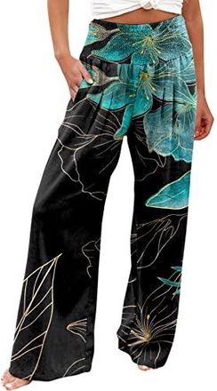 Generic Pantalon Fluide Femme été Chic,Pantalon de Plage décontracté et à la Mode pour Femmes, Taille élastique, Jambes Larges, avec Poches à imprimé Floral c