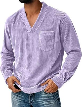 Generic T-shirts &agrave; manches longues en velours c&ocirc;tel&eacute; pour homme - Couleur unie - Haut d&eacute;t&eacute; tendance - Col en V - Coupe ample - Confortable - Respirant - V&ecirc;tem