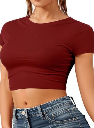 Re Tech UK Damen Crop Top - Rundhalsausschnitt - kurzärmlig - bauchfrei - Weinrot - 40/42