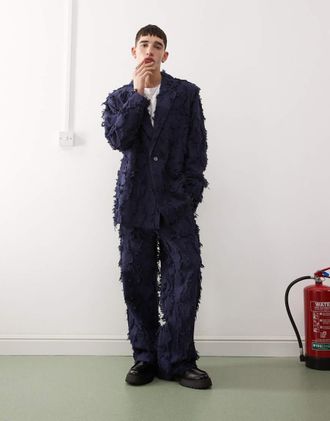 Reclaimed Vintage Veste de costume oversize densemble à détails effilochés - Bleu marine