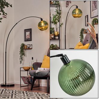 HOFSTEIN Stehleuchte Koyoto, Stehlampe mit Marmorfu&szlig; aus Metall/Riffelglas in Schwarz/Gr&uuml;n, verstellbare Leuchte im Vintage-Design (Schirm &Oslash; 25 cm), Fu&szlig;schalte