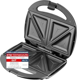 Emerio Doppel Sandwich Maker, BPA frei, klassische Form für dreieckiges Sandwich, leicht zu reinigen, Antihaftbeschichtung, heizt schnell auf, 750 Watt, Schw