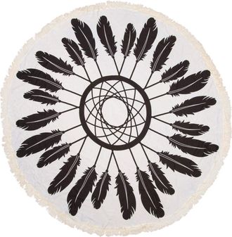 styleBREAKER rundes Strandtuch mit Traumfänger und Feder Print | Dünnes Fransen Tuch | Pareo | Leichtes Roundie Handtuch Unisex 05050042, Farbe:Weiß-Schwarz