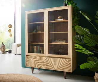 DELIFE Vitrine Budaya 115x135 cm Mango Natur 4 T&uuml;ren Fu&szlig; vierkant, Vitrinen