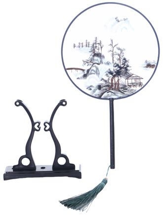 Kawaii-Story F-042 Traditional rund bestickter chinesischer Stoff Handfächer Holzgriff Quaste, Dekoration Fächer Ständer, Hanfu-Accessoire Natur Landschaft