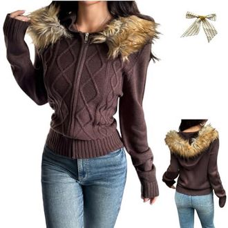 Generic Womens Y2k Faux Fur Lined Hood Cardigan Sweaters,Long Sleevees Zip Up Cable Knitted Slim Fit Hooded Jackets with Ribbed Trim (FR/ES, Alpha/Lettres, TG